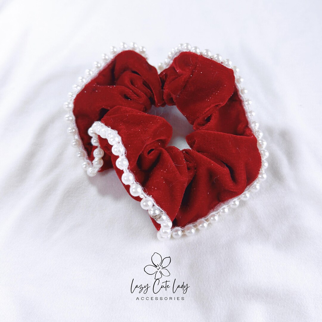 Sparkling Velvet Red Hair Scrunchie With Gold Thread and Pearl Trim (4. ...