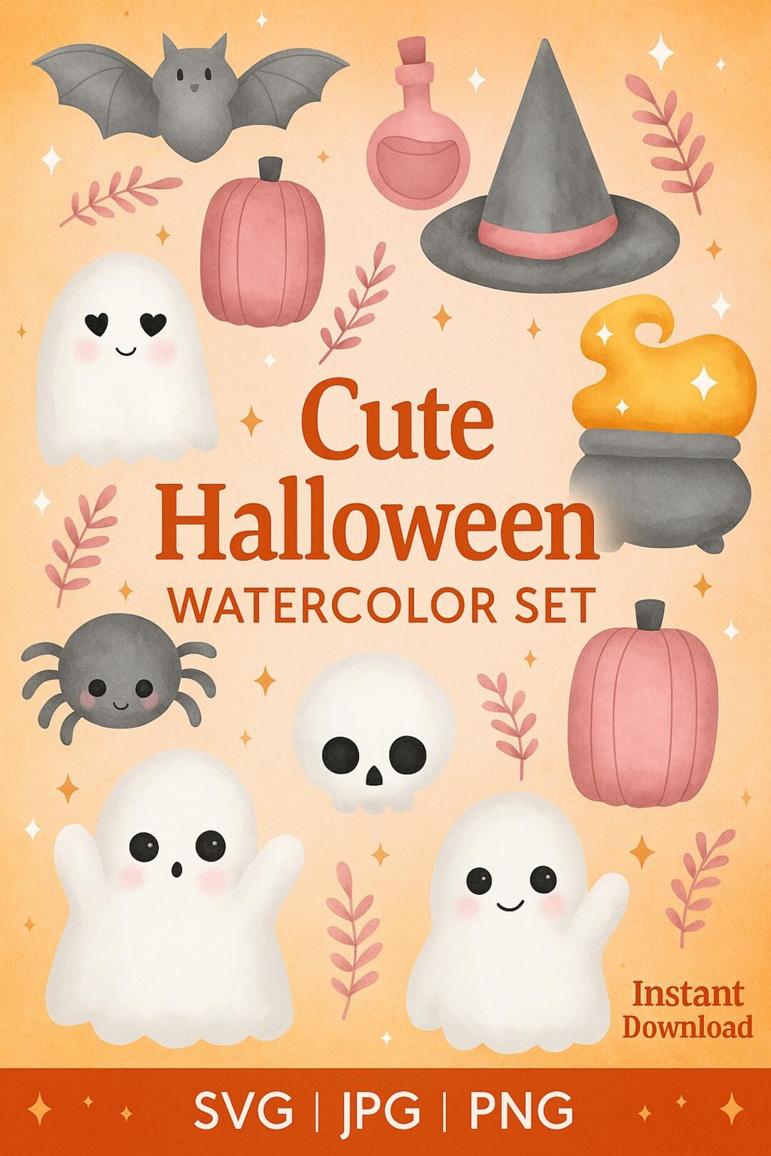 Cute Halloween Watercolor Clipart Set – Ghosts, Pumpkins, Witch Hat ...