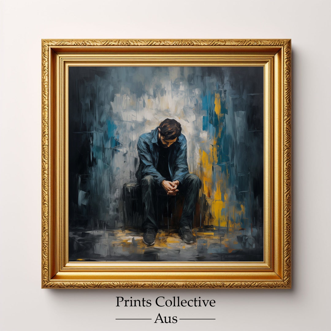 Abstract Man Sitting Painting, Blue and Yellow Modern Artwork ...