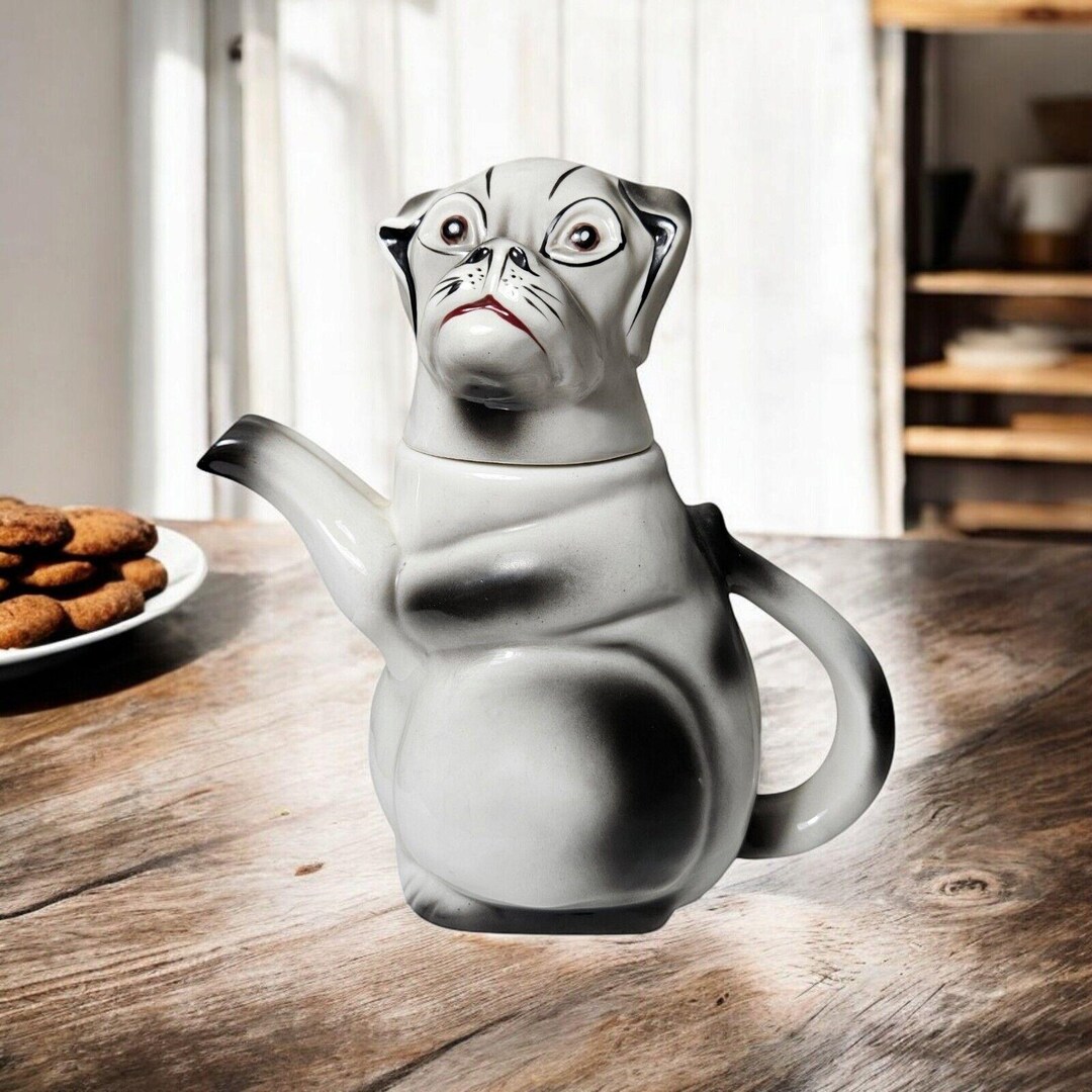 Vintage Erphila Pug Teapot MCM Porcelain Germany Dog White Black 3677 ...