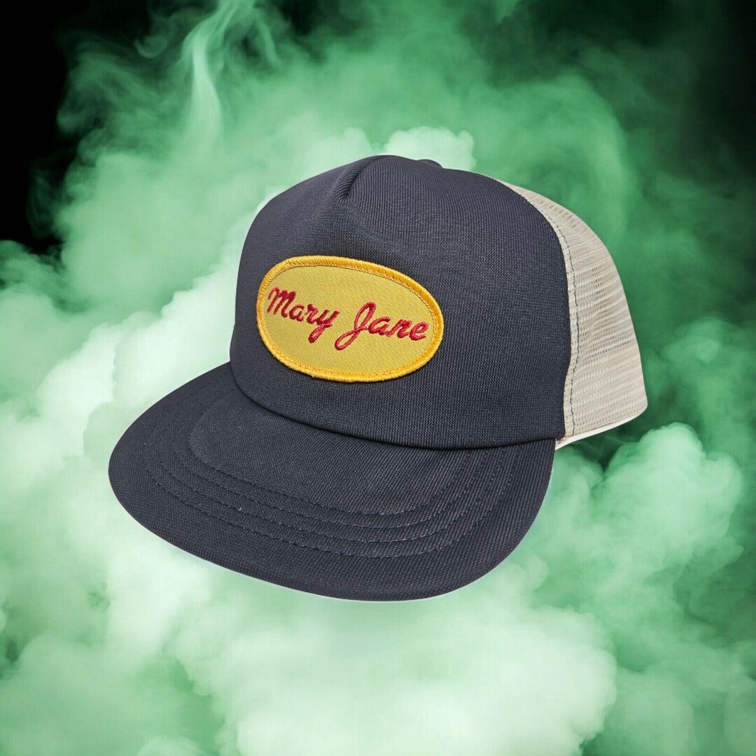 Vtg Mary Jane Trucker Hat Snapback Patch Mesh USA Riverside Black White ...