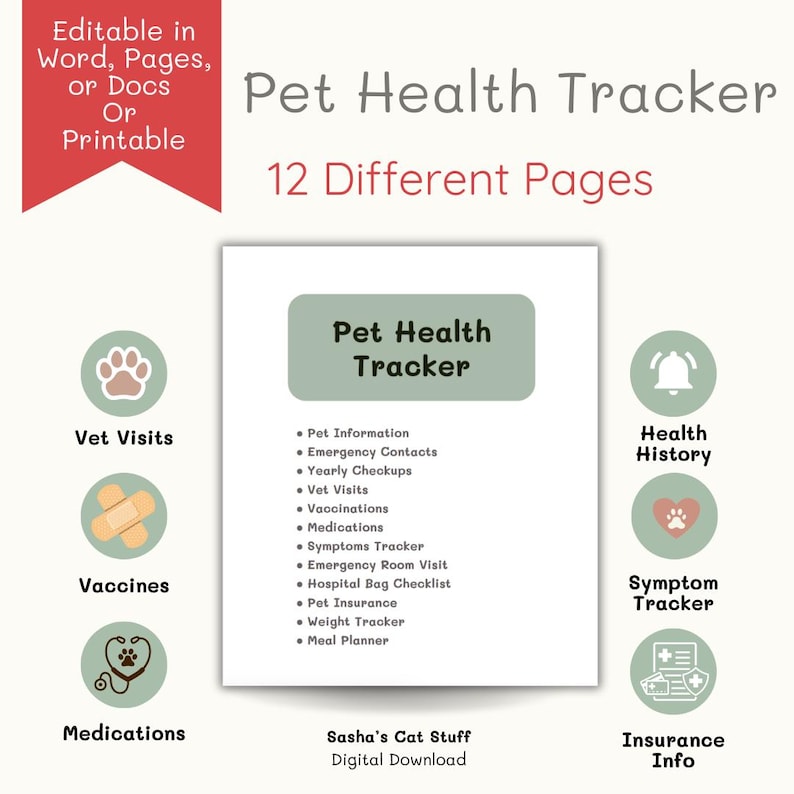 Pet Health Tracker | Editable Vet Visit Log, Medications, Vaccines ...
