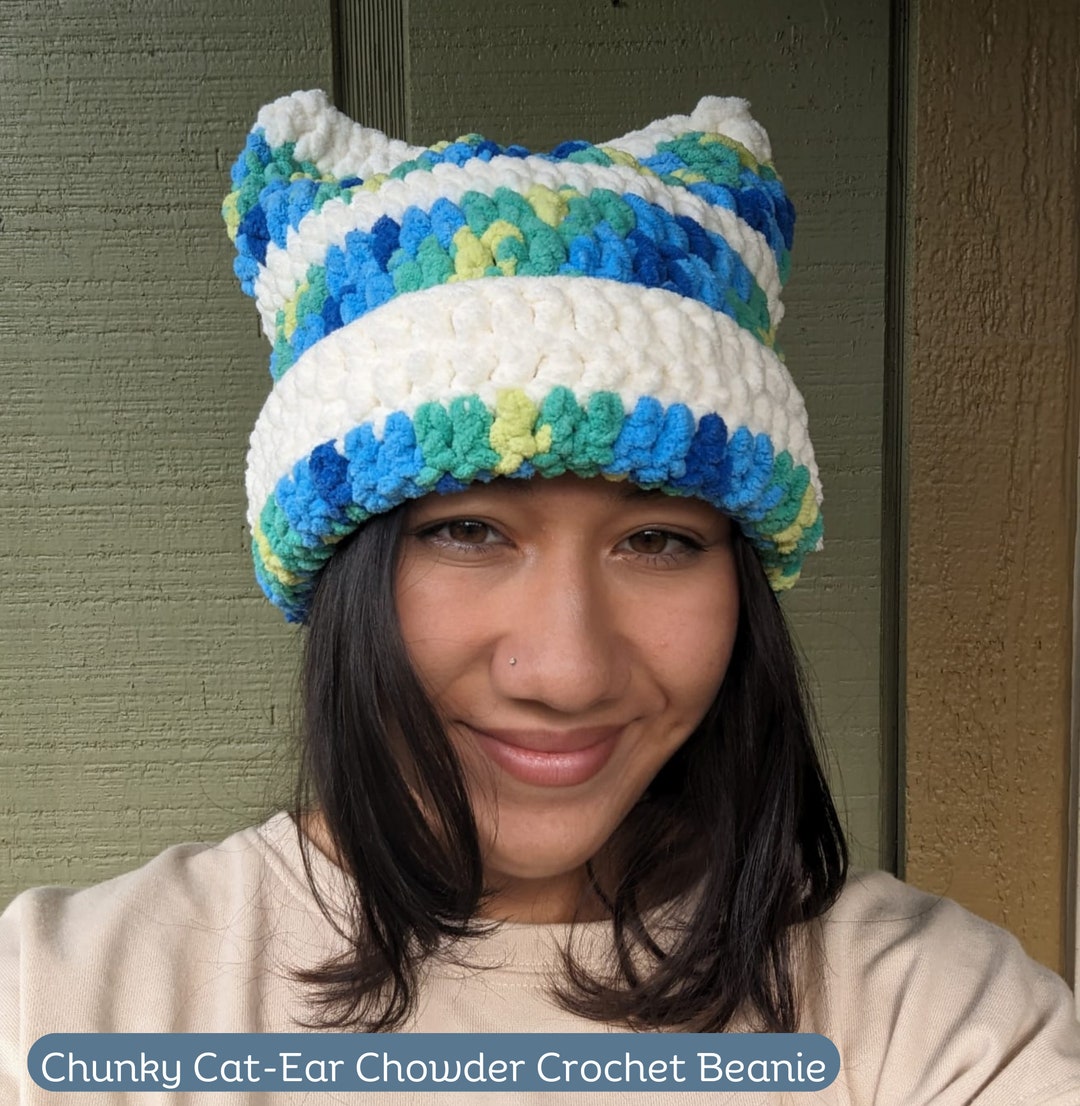 Chunky Cat-ear Chowder Crochet Beanie, Soft, Warm Crochet Hat for ...