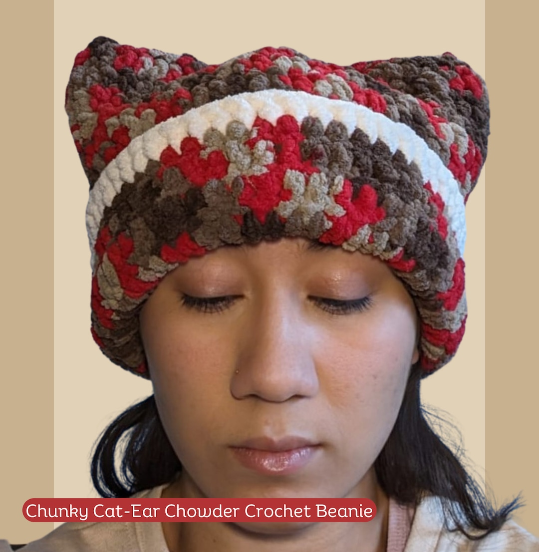 Chunky Cat-ear Chowder Crochet Beanie, Soft, Warm Crochet Hat for ...