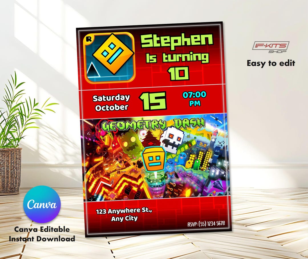 Geometry Dash Birthday Invitation, Editable in Canva, Instant Download ...