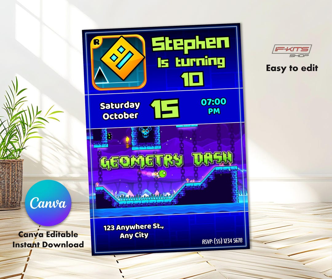 Geometry Dash Invitation, Canva Editable Card, Instant Download ...