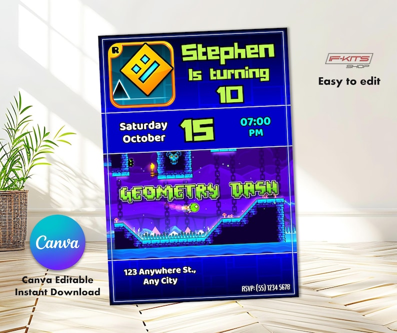Geometry Dash Invitation, Canva Editable Card, Instant Download ...
