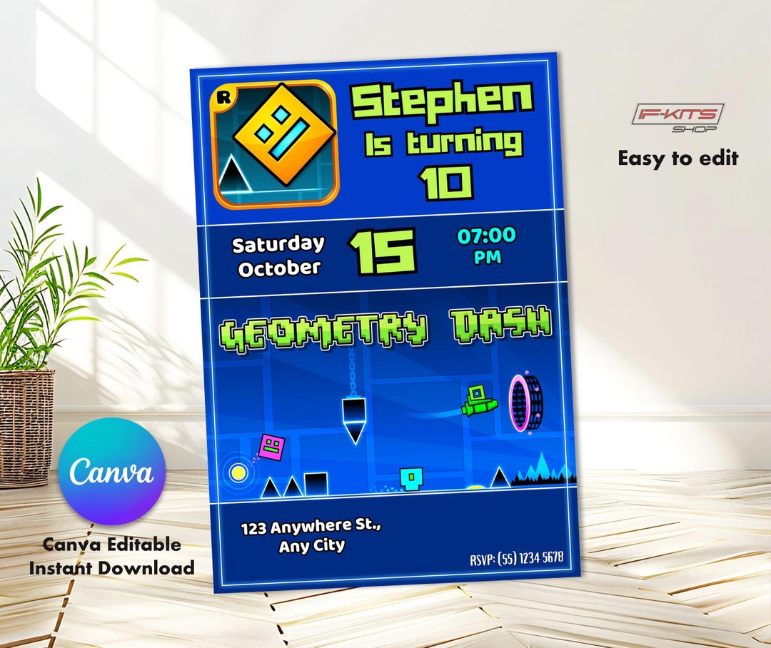 Geometry Dash Invitation, Canva Editable Card, Instant Download ...