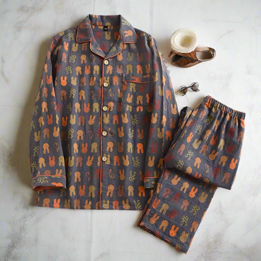 Cute Patterned Bunny Rabbits Threadwork Cotton Yarn Pajamas Shirt and ...