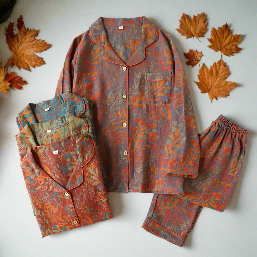 Colorful Leaves Rich Color Cotton Yarn Pajamas Shirt and Pants Set ...