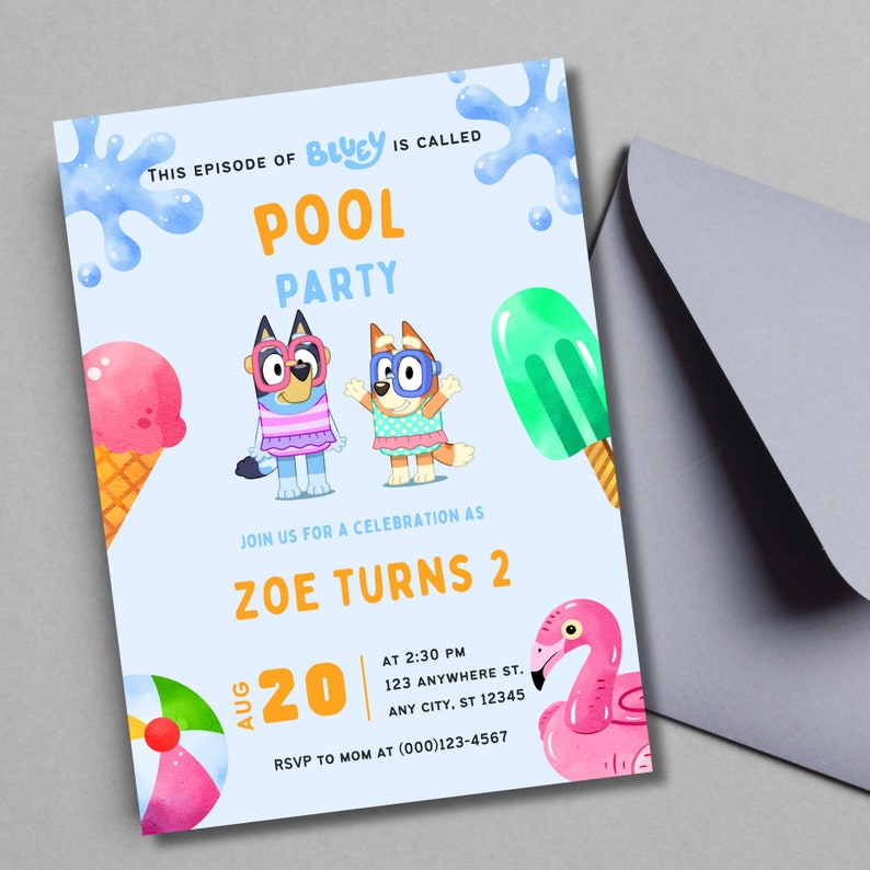 Editable Blue Dog Pool Party Birthday Invitation, Editable Digital ...