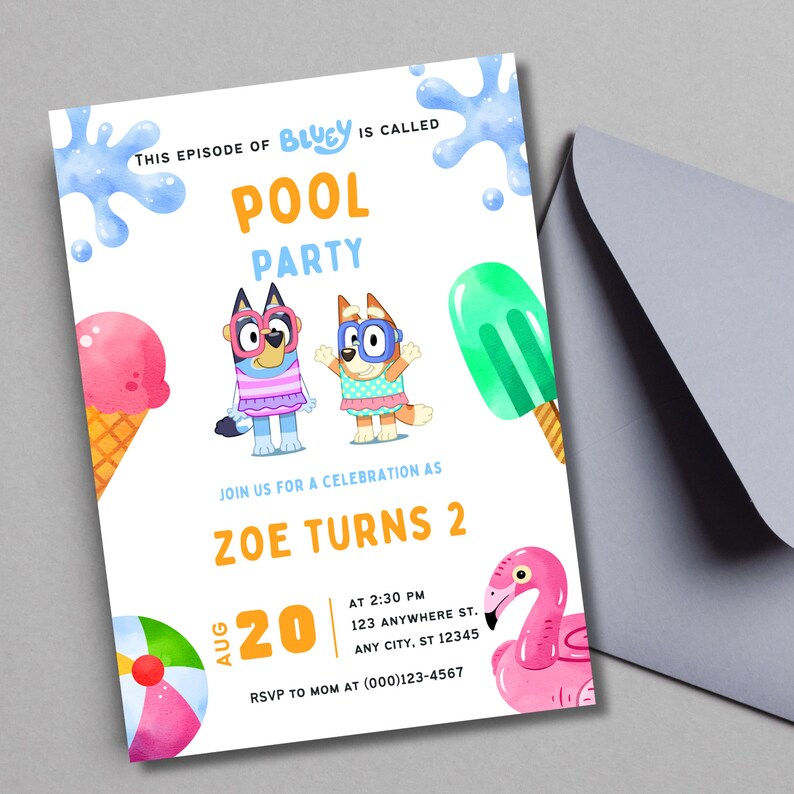 Editable Blue Dog Pool Party Birthday Invitation, Editable Digital ...