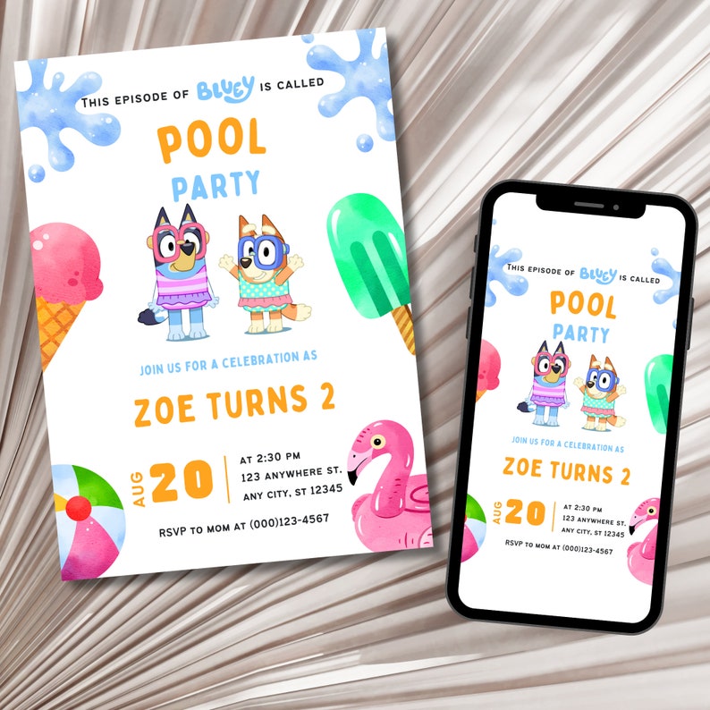 Editable Blue Dog Pool Party Birthday Invitation, Editable Digital ...