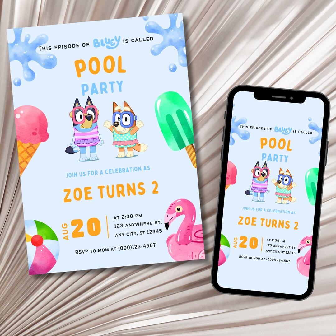 Editable Blue Dog Pool Party Birthday Invitation, Editable Digital ...