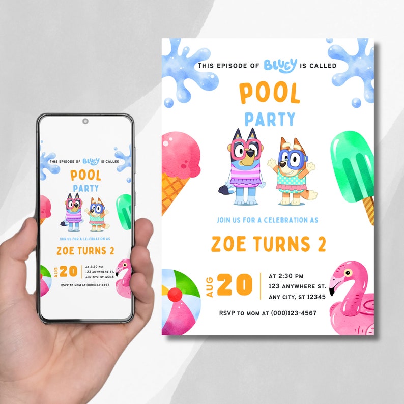 Editable Blue Dog Pool Party Birthday Invitation, Editable Digital ...