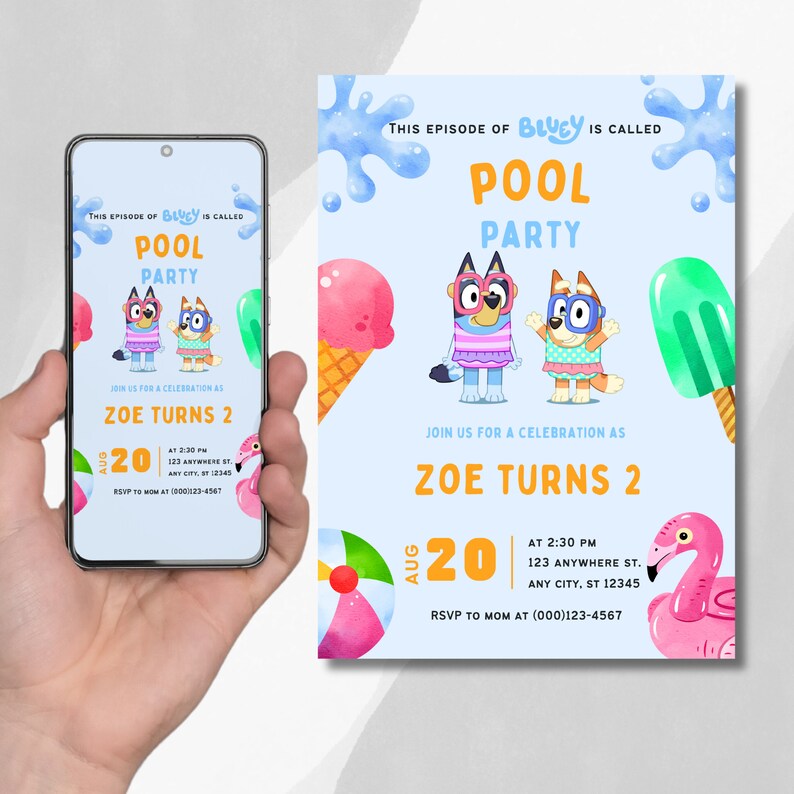 Editable Blue Dog Pool Party Birthday Invitation, Editable Digital ...