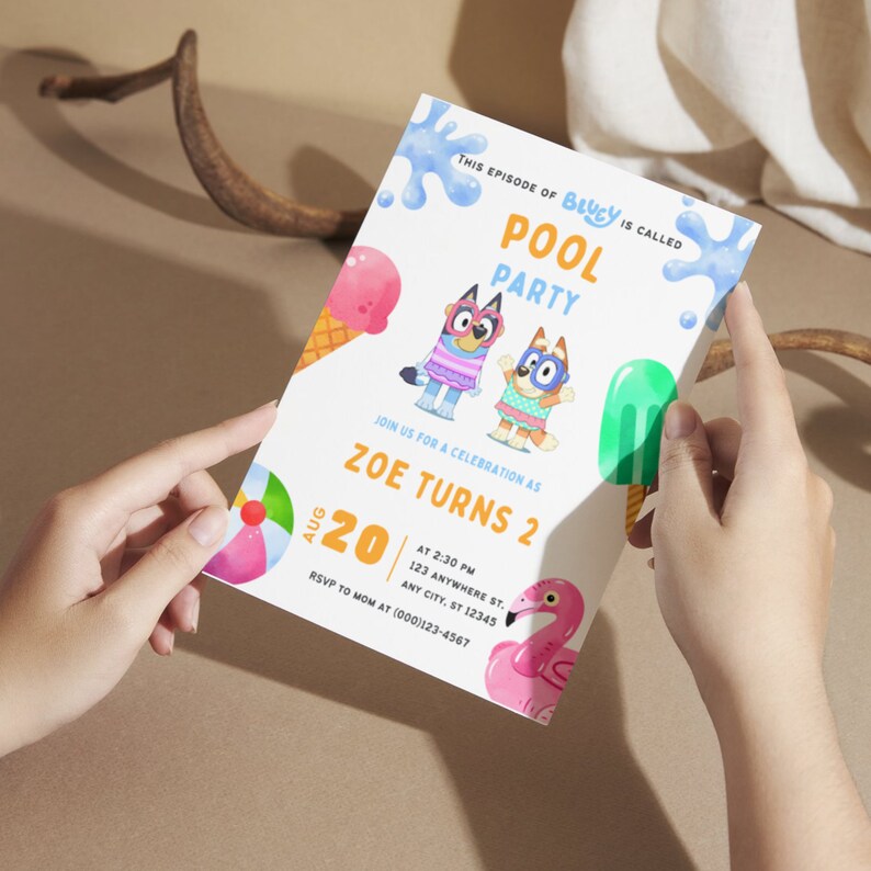 Editable Blue Dog Pool Party Birthday Invitation, Editable Digital ...