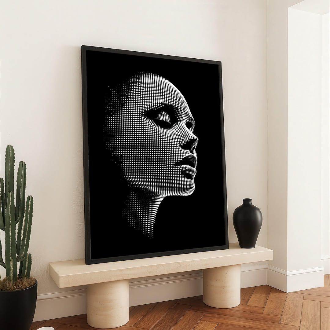 Abstract Dot Matrix Face Profile Canvas, Modern Digital Art, Black and ...
