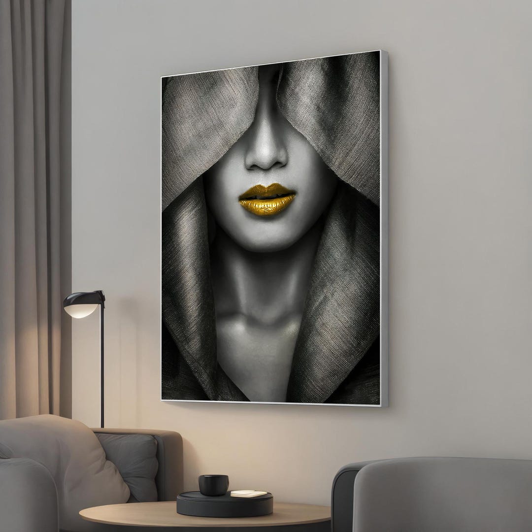 Mysterious Gold Lips Canvas Art – Minimalist Grayscale Woman Portrait ...