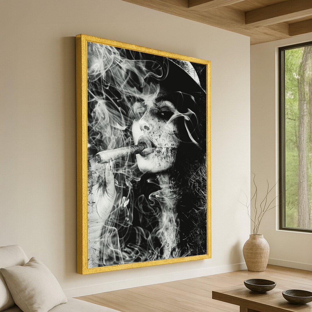 Mysterious Woman Smoking Cigar Canvas, Black White Smoke Art, Retro ...