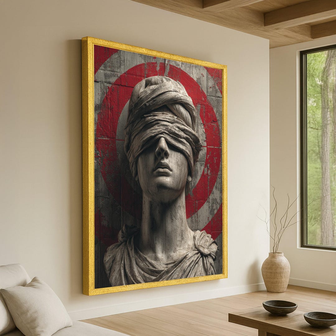 Blind Justice Statue Canvas Wall Art, Modern Legal Decor, Grunge Red ...