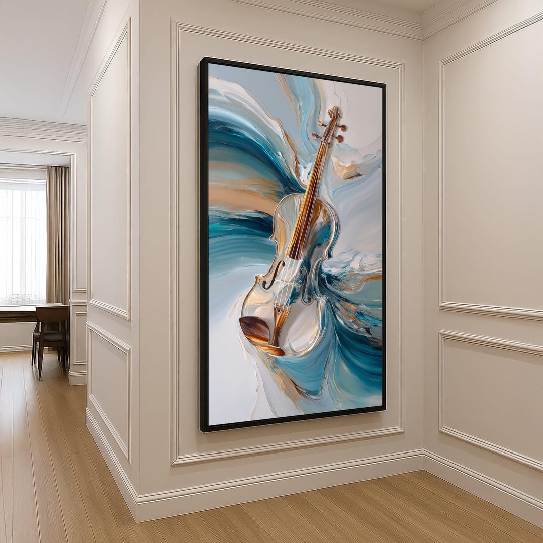 Abstract Violin Canvas Wall Art, Musical Instrument Painting, Blue and ...