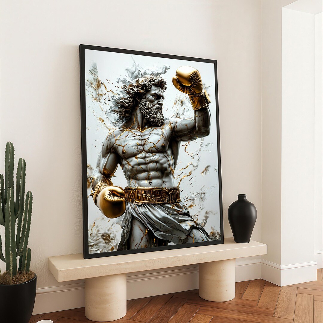 Mythological Boxing God Canvas – Powerful Fantasy Statue With Gold ...
