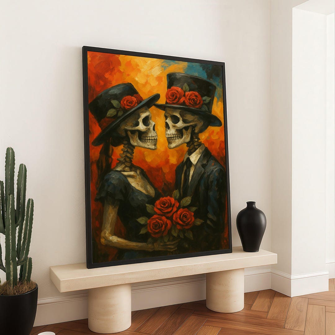 Romantic Skeleton Couple Canvas, Gothic Wall Art, Día De Los Muertos ...