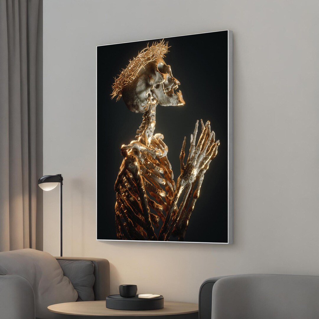 Skeleton in Prayer With Crown of Thorns Canvas Print | Dark Symbolic ...
