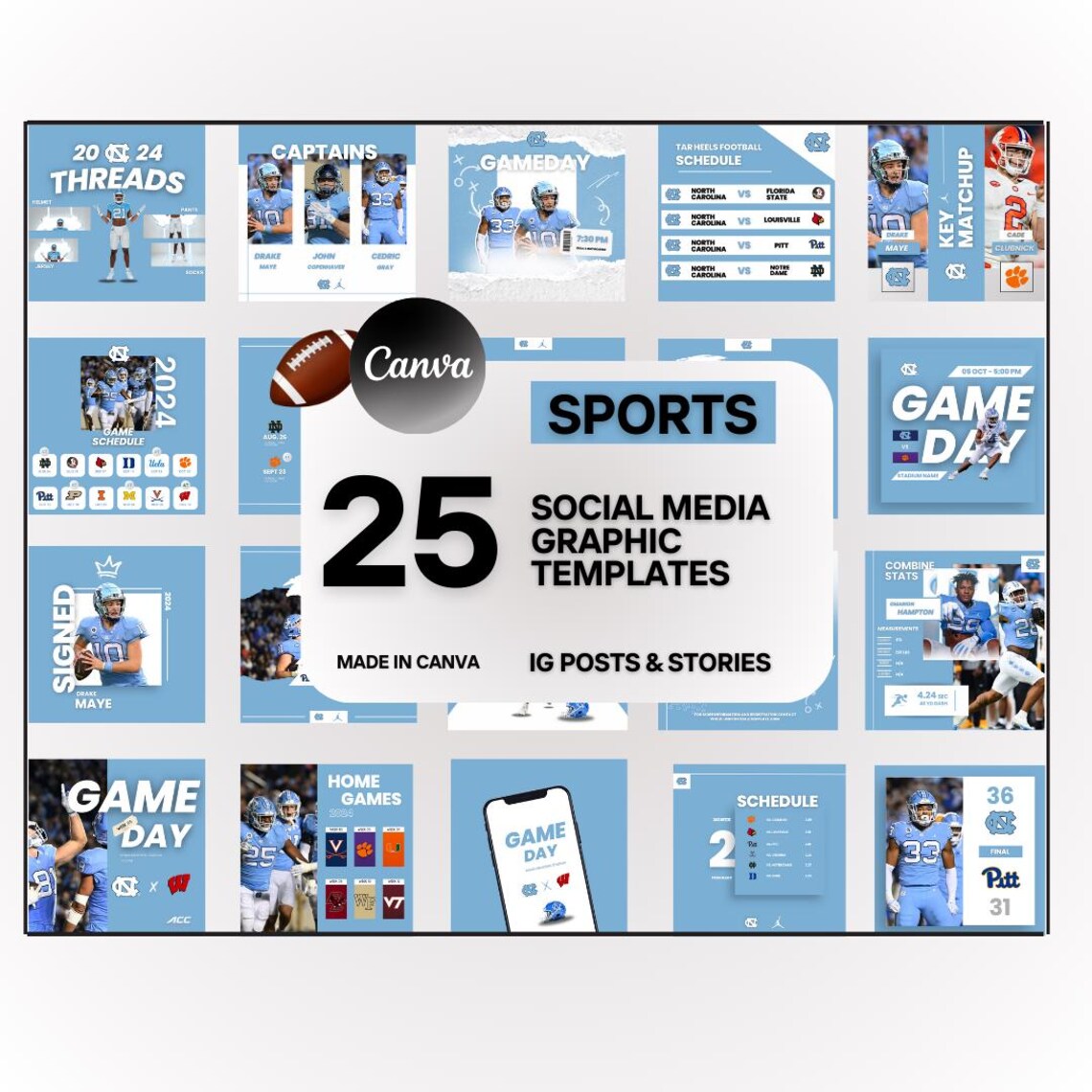 25 Sports Social Media Canva Package Templates - Football Themed ...