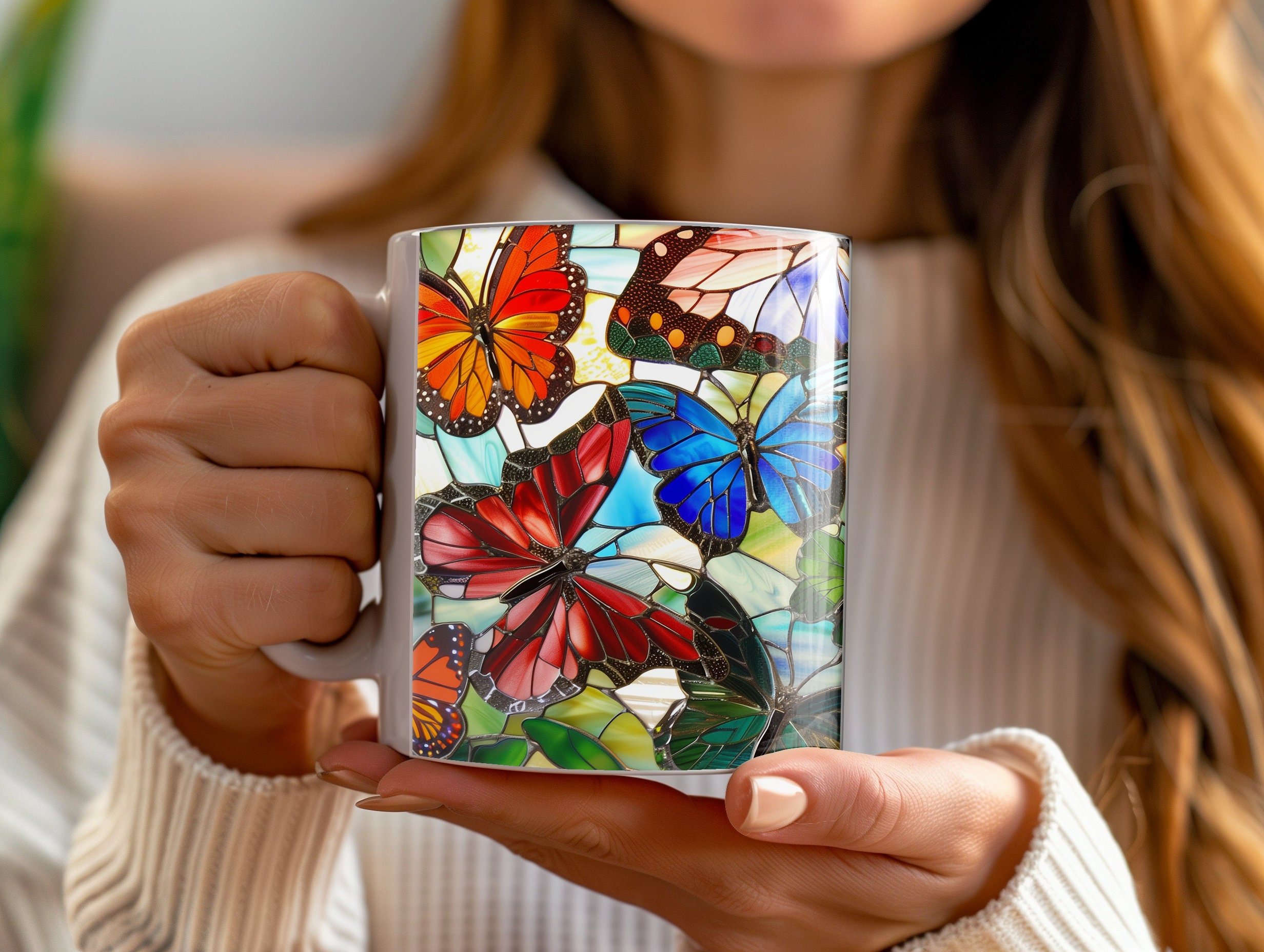 Stained Glass Butterfly Mug Butterfly Glass Coffee Cup Floral Wall Art ...