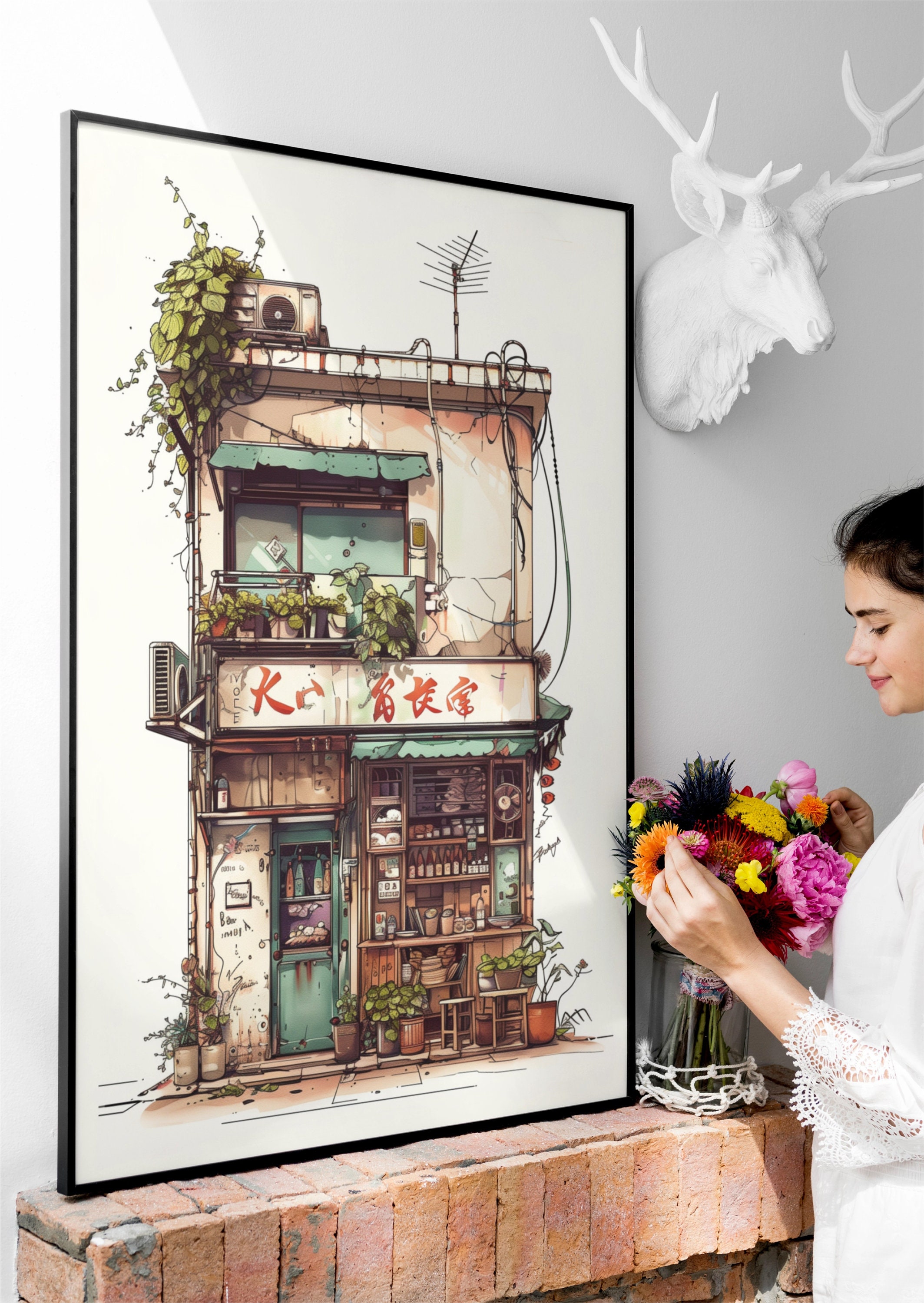 Detailed Sketch of a Small Japanese Shop Front - Urban Street Scene ...