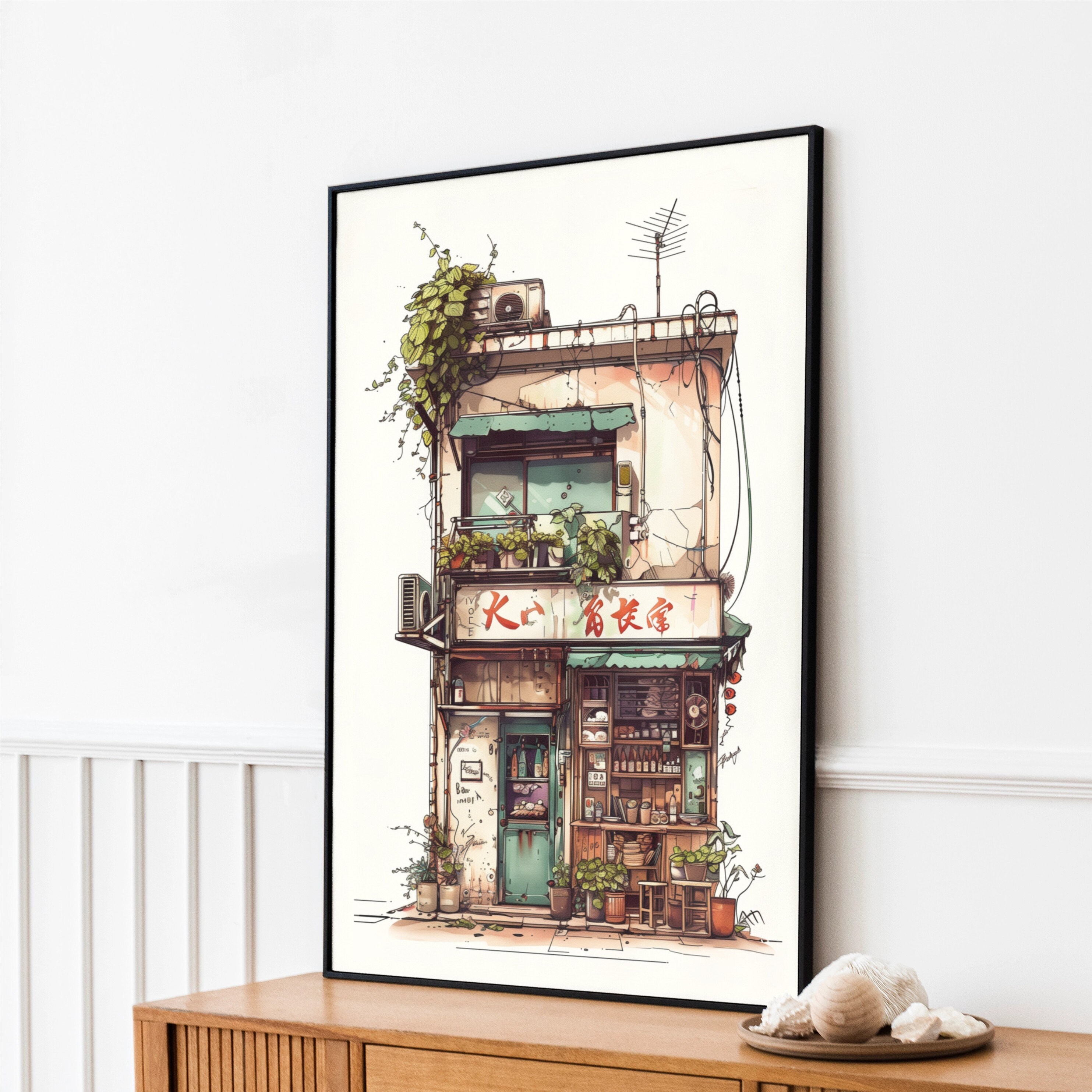 Detailed Sketch of a Small Japanese Shop Front - Urban Street Scene ...