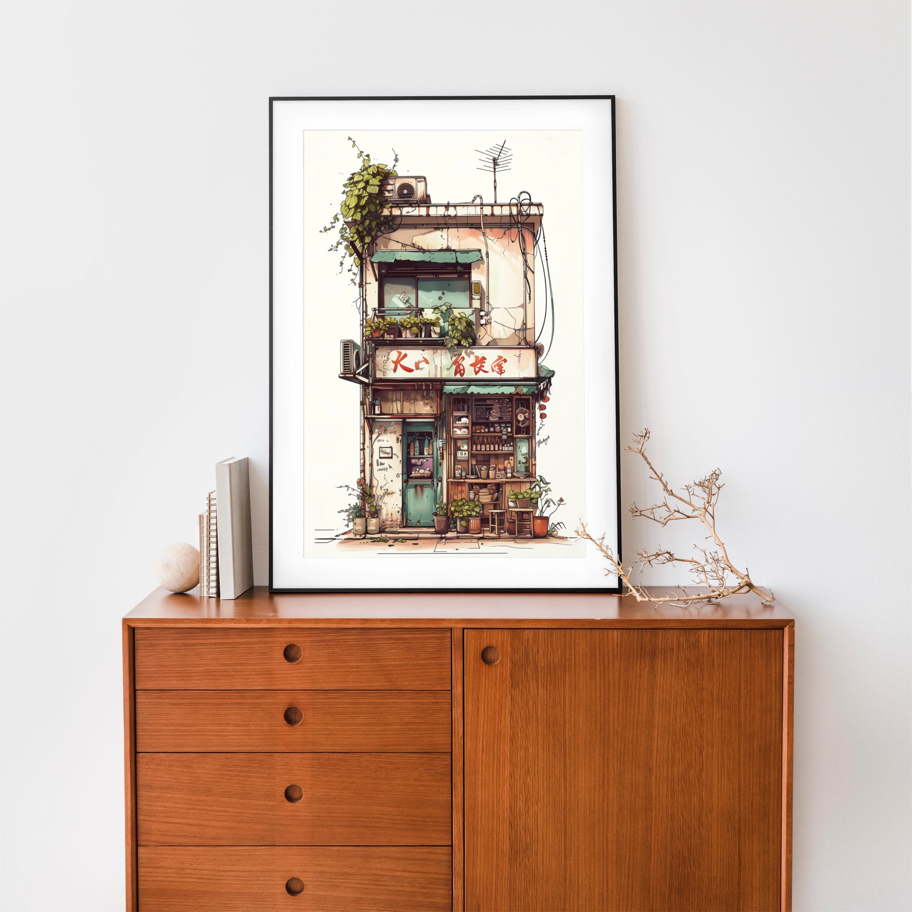 Detailed Sketch of a Small Japanese Shop Front - Urban Street Scene ...