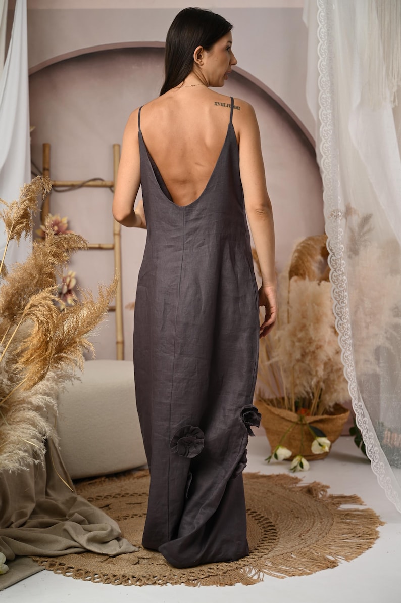 Handmade Dark Grey Linen Maxi Dress, Open Back, Handmade Linen Roses - Etsy