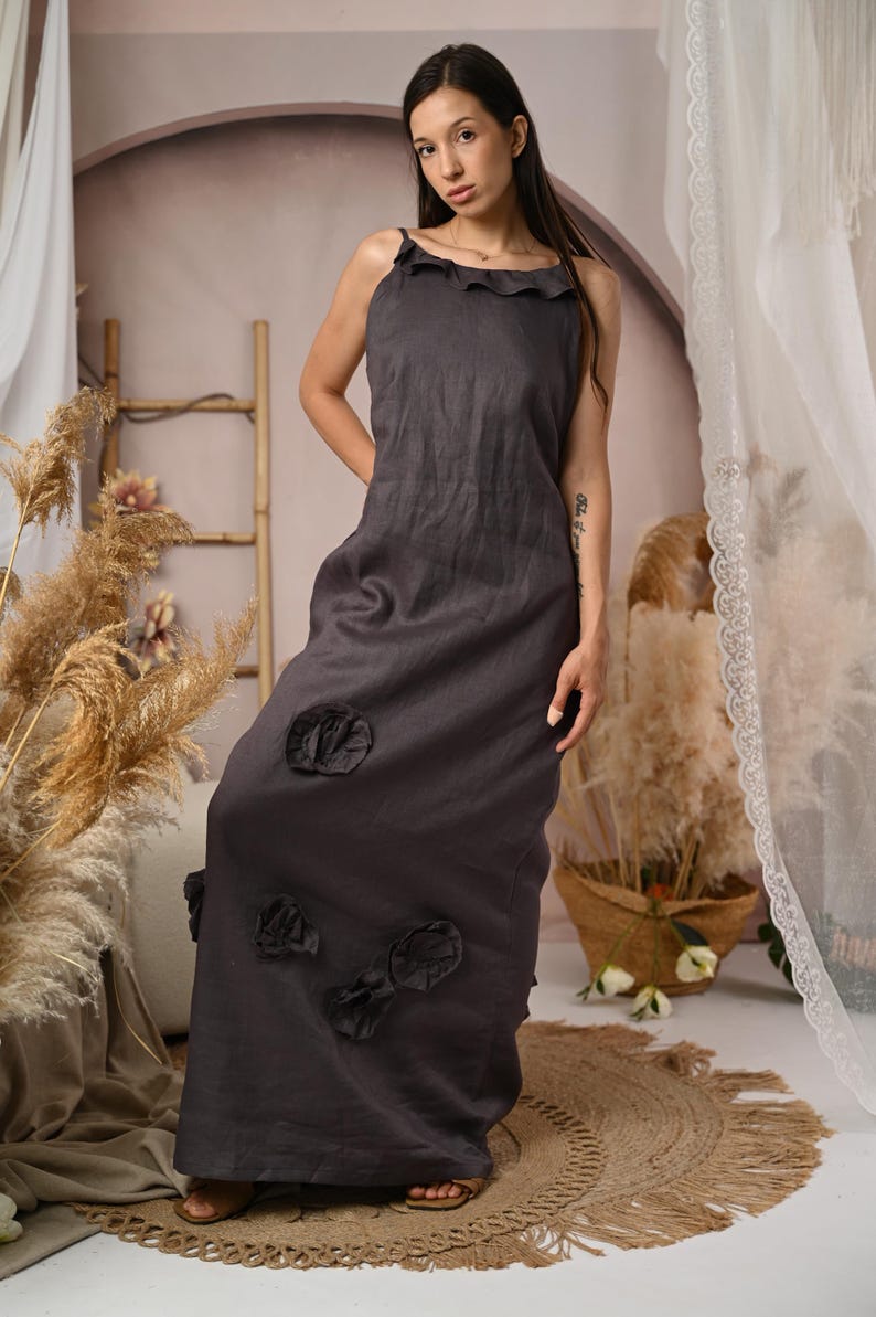Handmade Dark Grey Linen Maxi Dress, Open Back, Handmade Linen Roses - Etsy