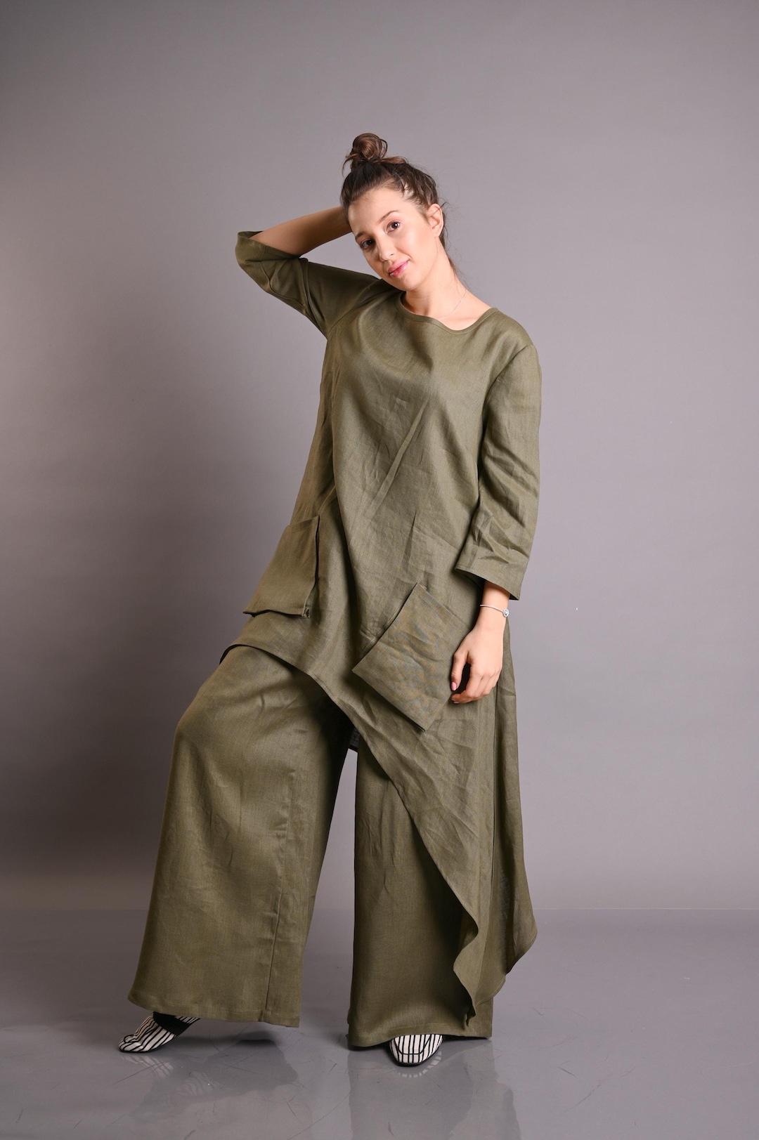 Military Linen Set, Long Tunic Top and Palazzo Pants, Linen Clothes ...