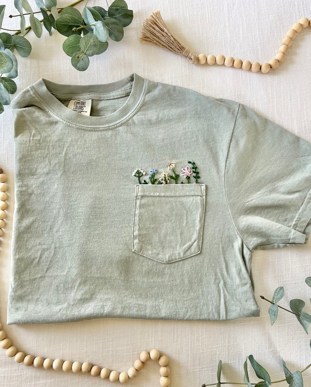 Hand Embroidered Wildflower Pocket Tee Comfort Colors Pocket Tee Flower ...