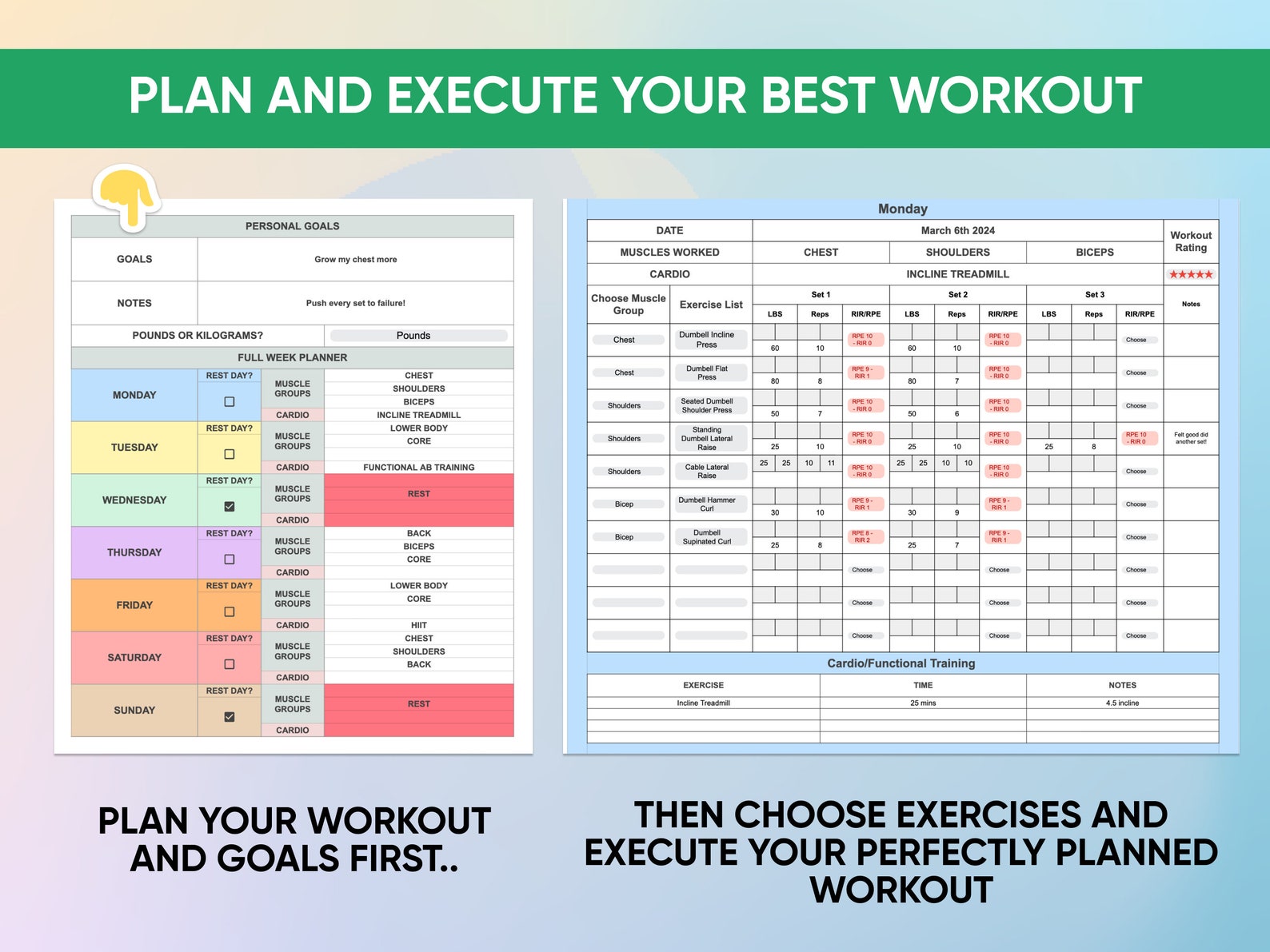 Workout Planner Spreadsheet Google Sheets Exercise Tracker Gym ...