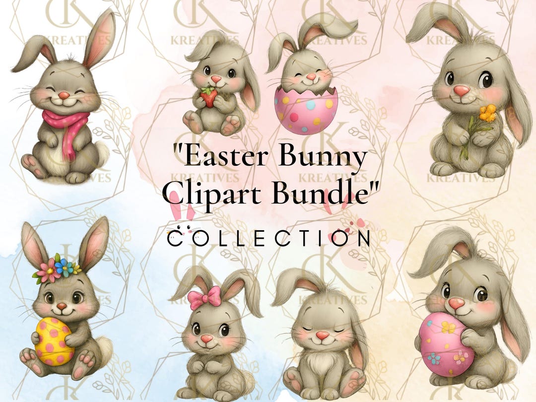 20 Whimsical Easter Bunny Clipart Bundle | PNG Elements | Pastel Bunny ...