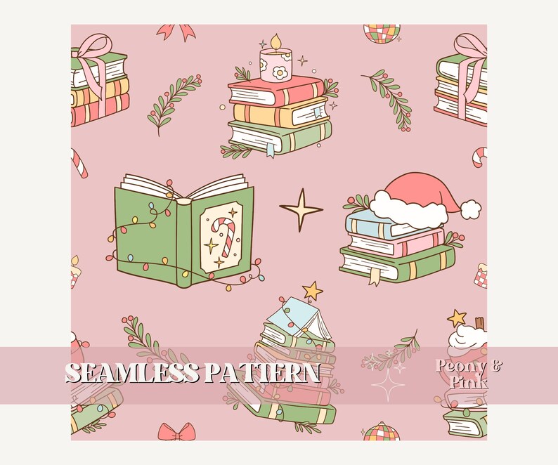 Cute Coquette Bookish Christmas Seamless Pattern for Book Lover - Pink ...