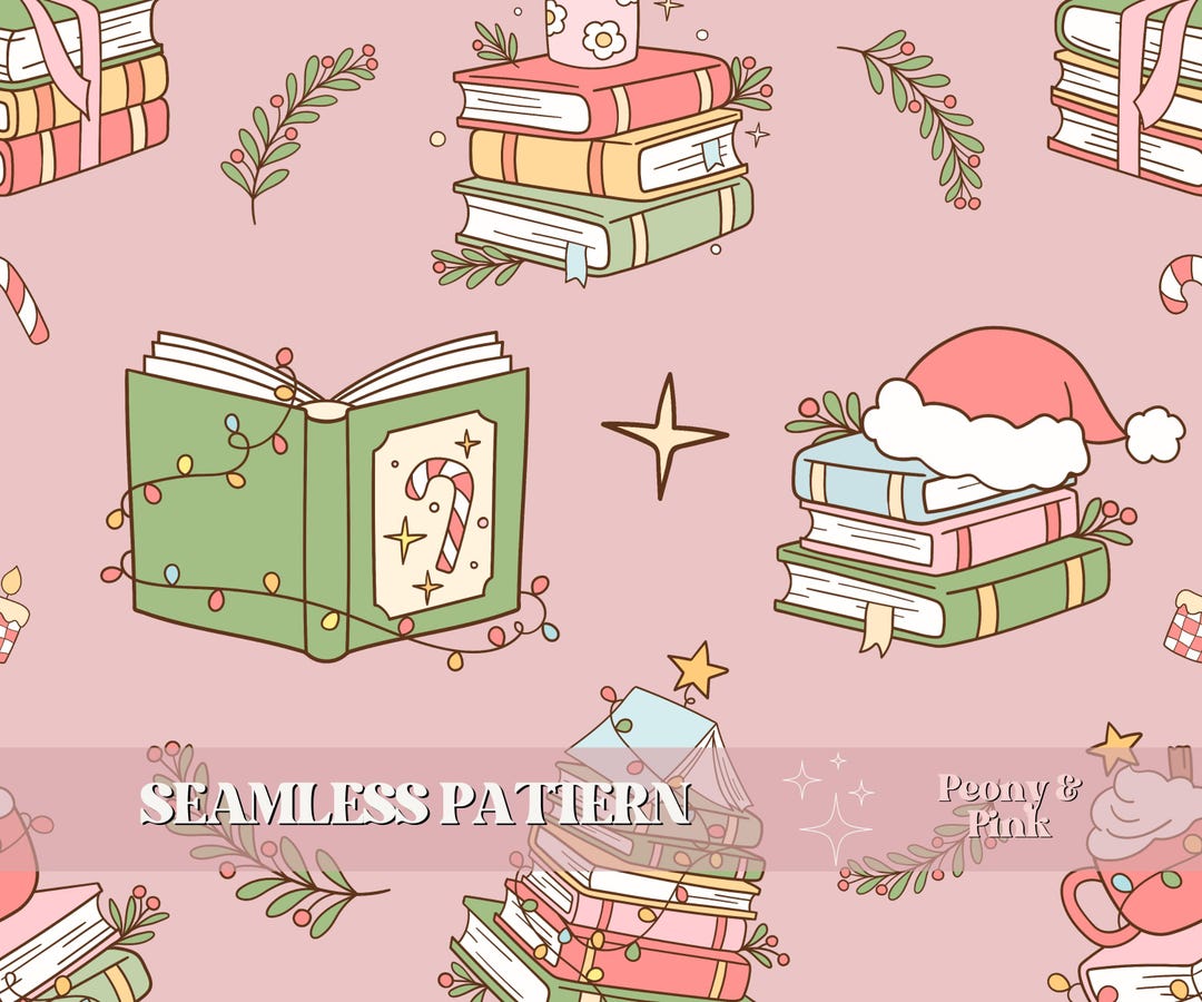 Cute Coquette Bookish Christmas Seamless Pattern for Book Lover - Pink ...