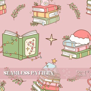 Cute Coquette Bookish Christmas Seamless Pattern for Book Lover - Pink ...