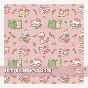 Cute Coquette Bookish Christmas Seamless Pattern for Book Lover - Pink ...