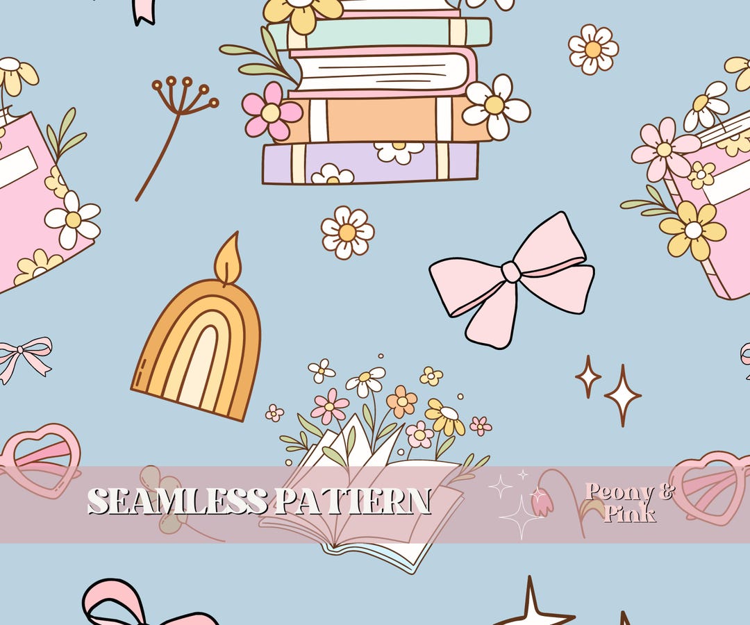Cute Coquette Bookish Seamless Pattern for Trendy Girly Girl - Blue ...