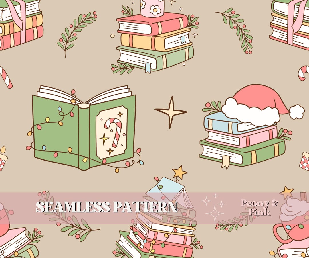Cute Coquette Bookish Christmas Seamless Pattern for Book Lover - Pink ...