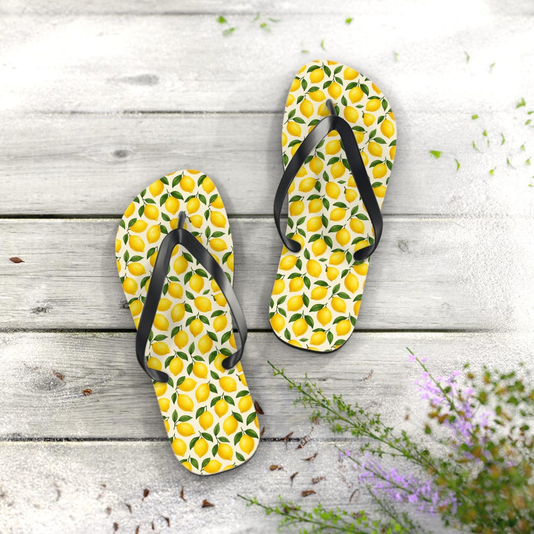 Lemon Print Flip Flops: Tropical Beach Sandals - Etsy