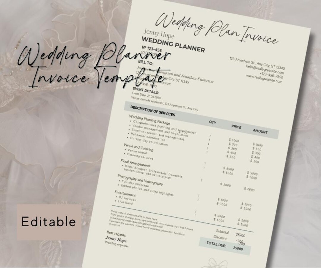 Editable Wedding Planner Invoice Template: Elegant Event Planning Bill ...