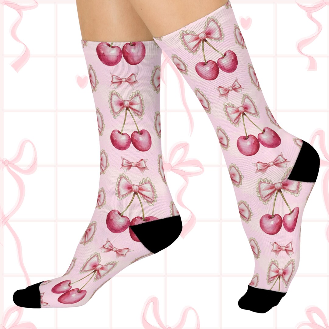 Coquette Crew Socks: Pink Bows and Cherries, Preppy Novelty Apparel - Etsy