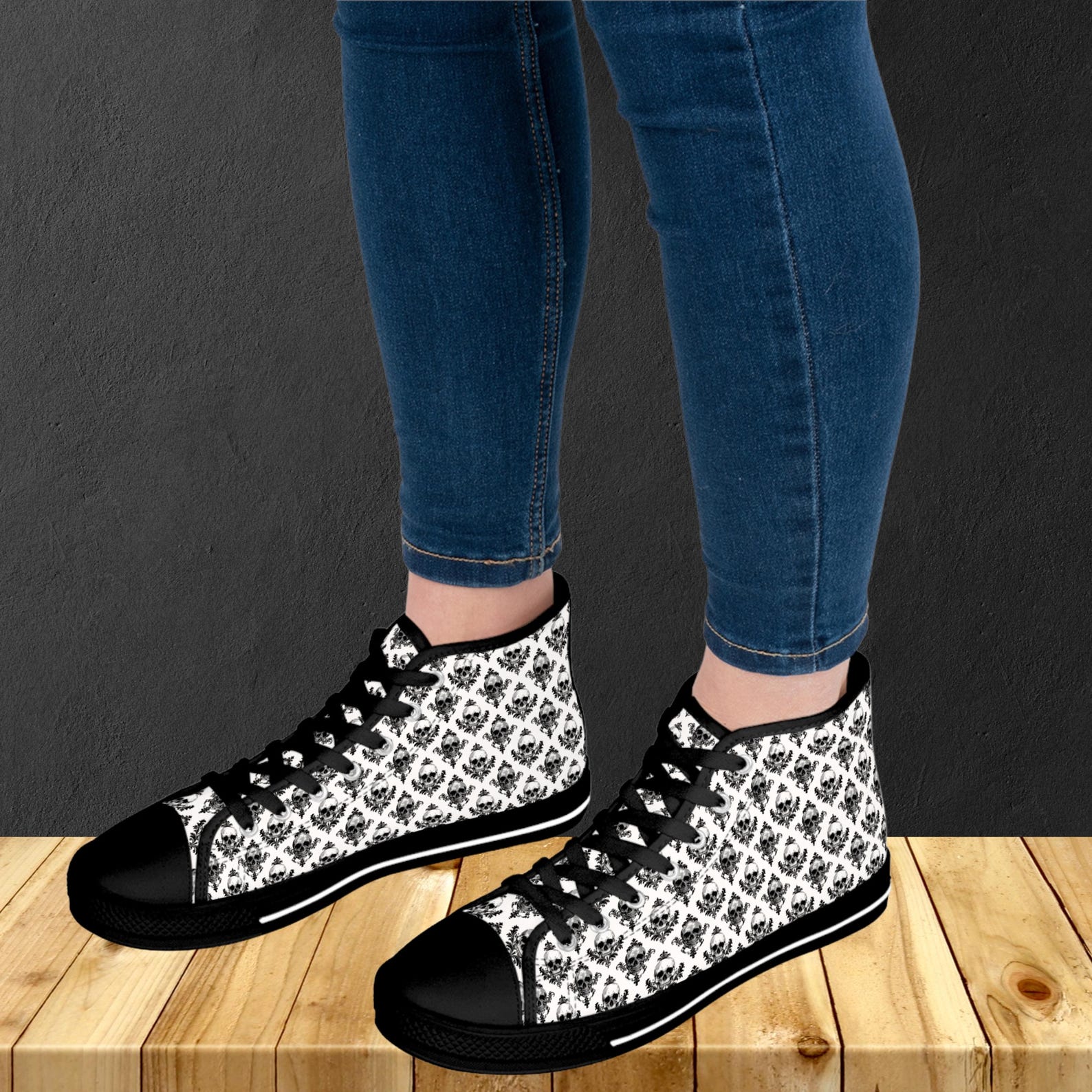 Gothic High Top Sneakers: Black Floral Skull Victorian Style - Etsy